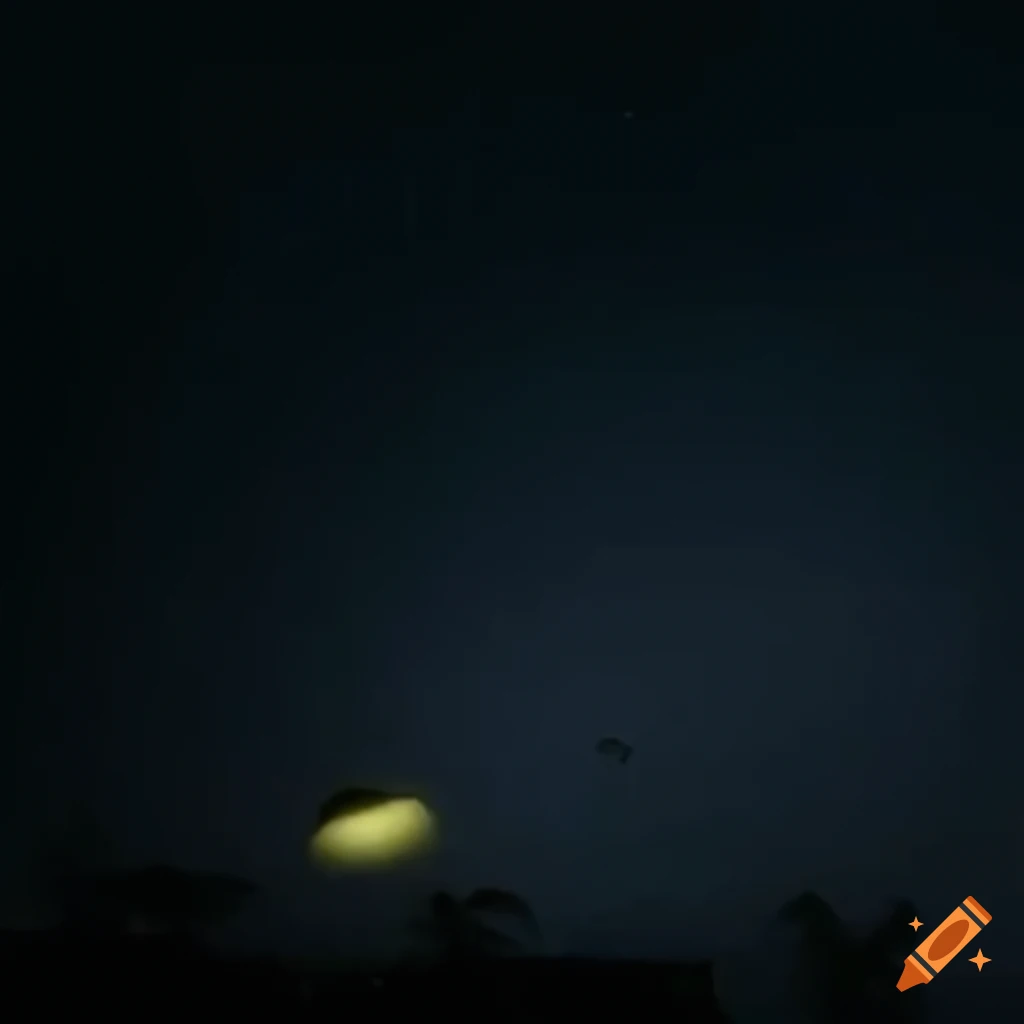 Realistic ufo flying over an indian village with mango trees, captured from a rooftop on Craiyon