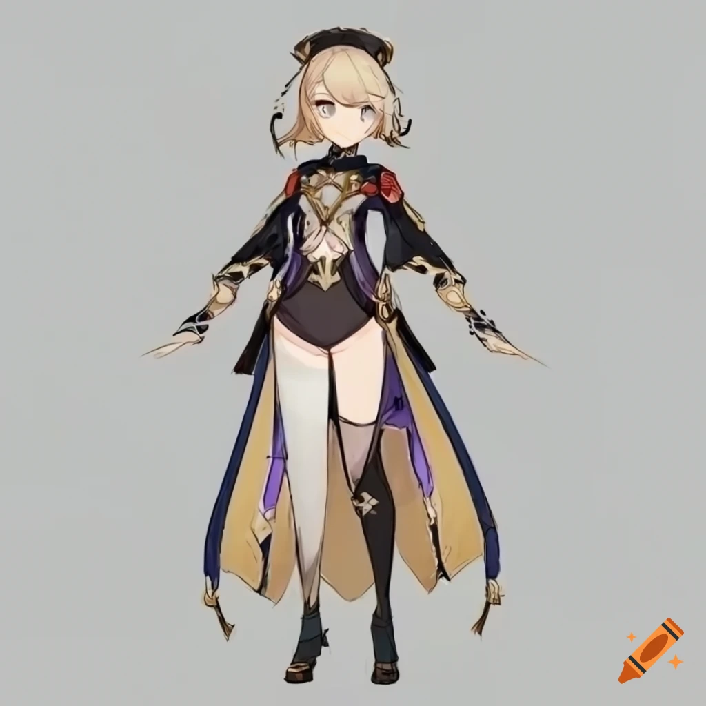 Full-body character design sheet of a woman in a detailed outfit with ...