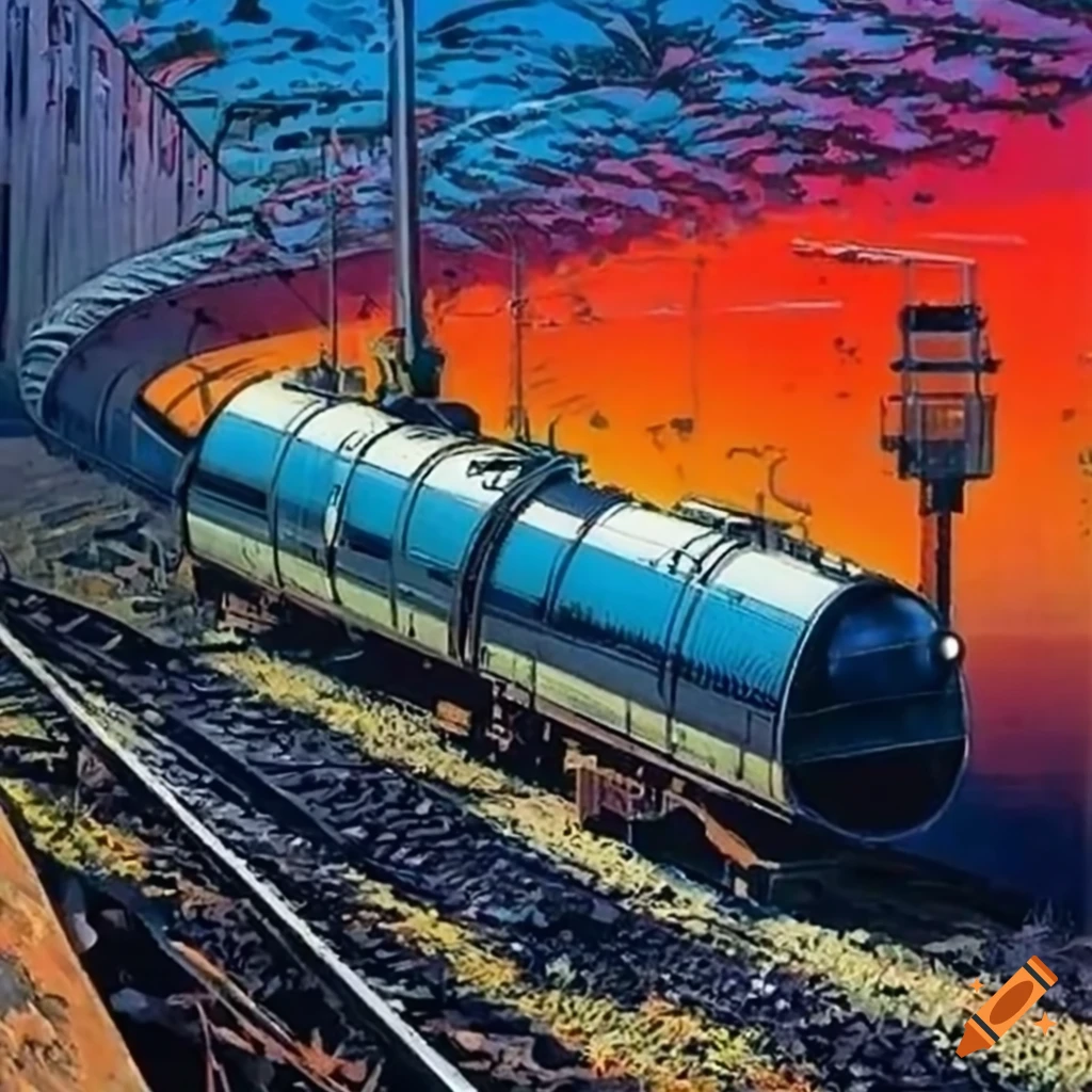 French comic-inspired post-apocalyptic living train art with retro ...