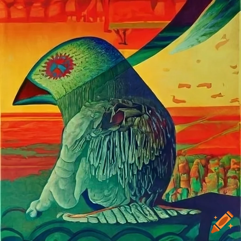 Futuristic soviet propaganda poster with avian forest scene blending ...