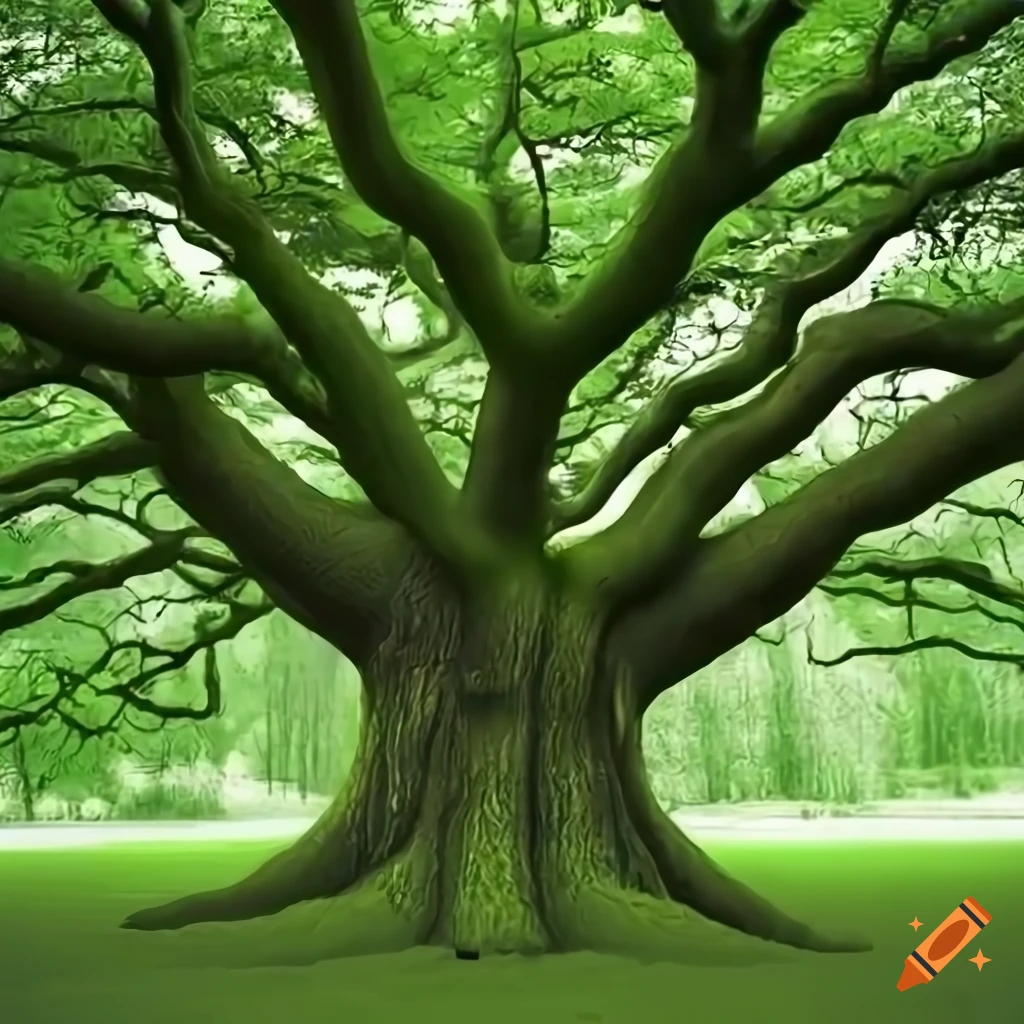 Illustration of an ancient oak tree with a kind face and sprawling ...