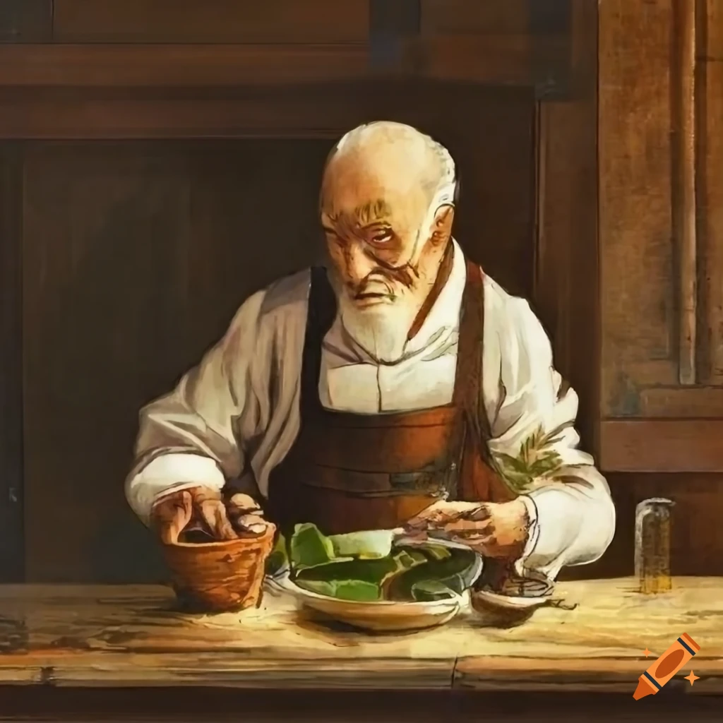 Old butler cooking in an antique kitchen with fresh herbs in a ...