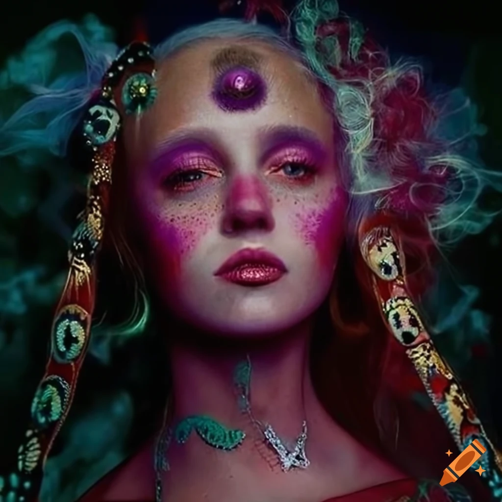 Beautiful woman in surreal wig with shimmering objects under sunset ...