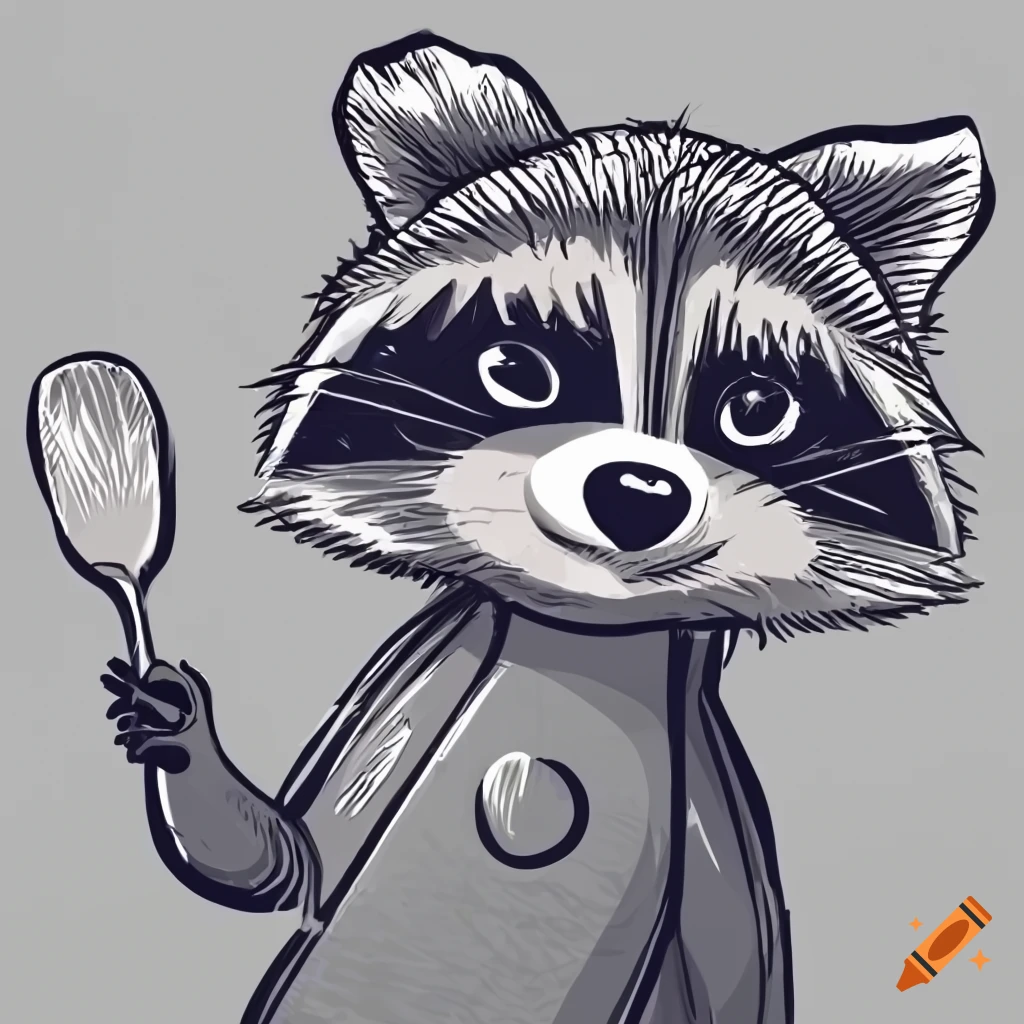 Cute raccoon chef with a hat and apron holding a spoon or spatula on ...