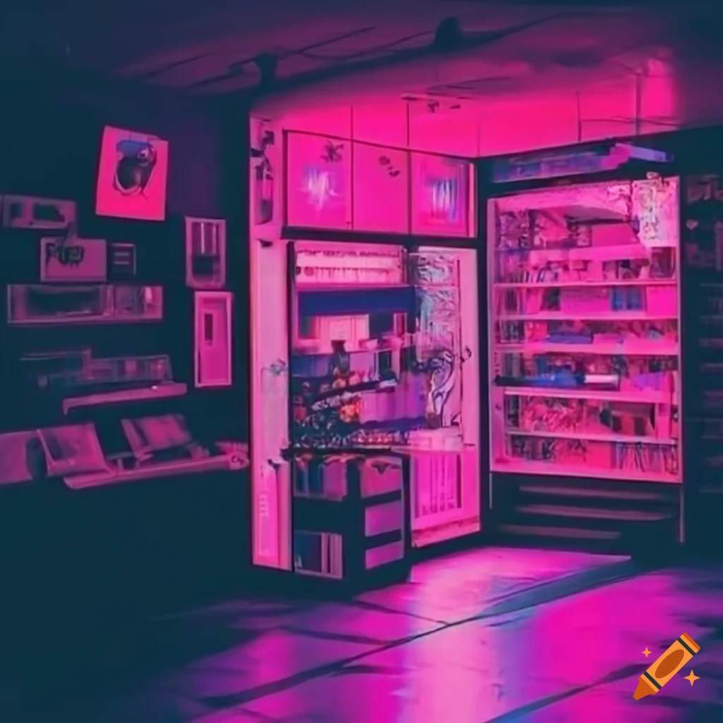 Retro video store with 80's vaporwave aesthetics on Craiyon