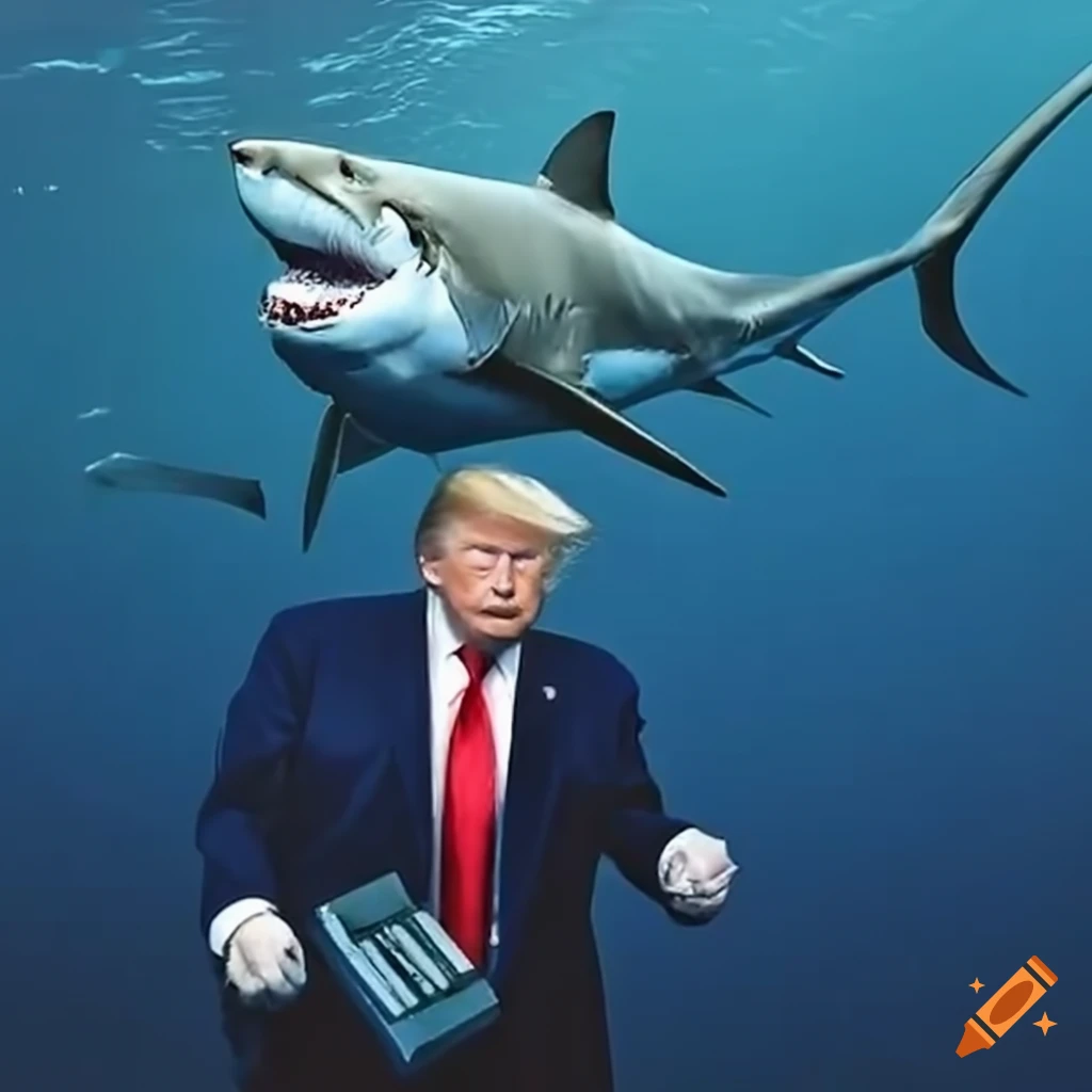 Satirical image of Donald Trump with batteries and a great white shark ...