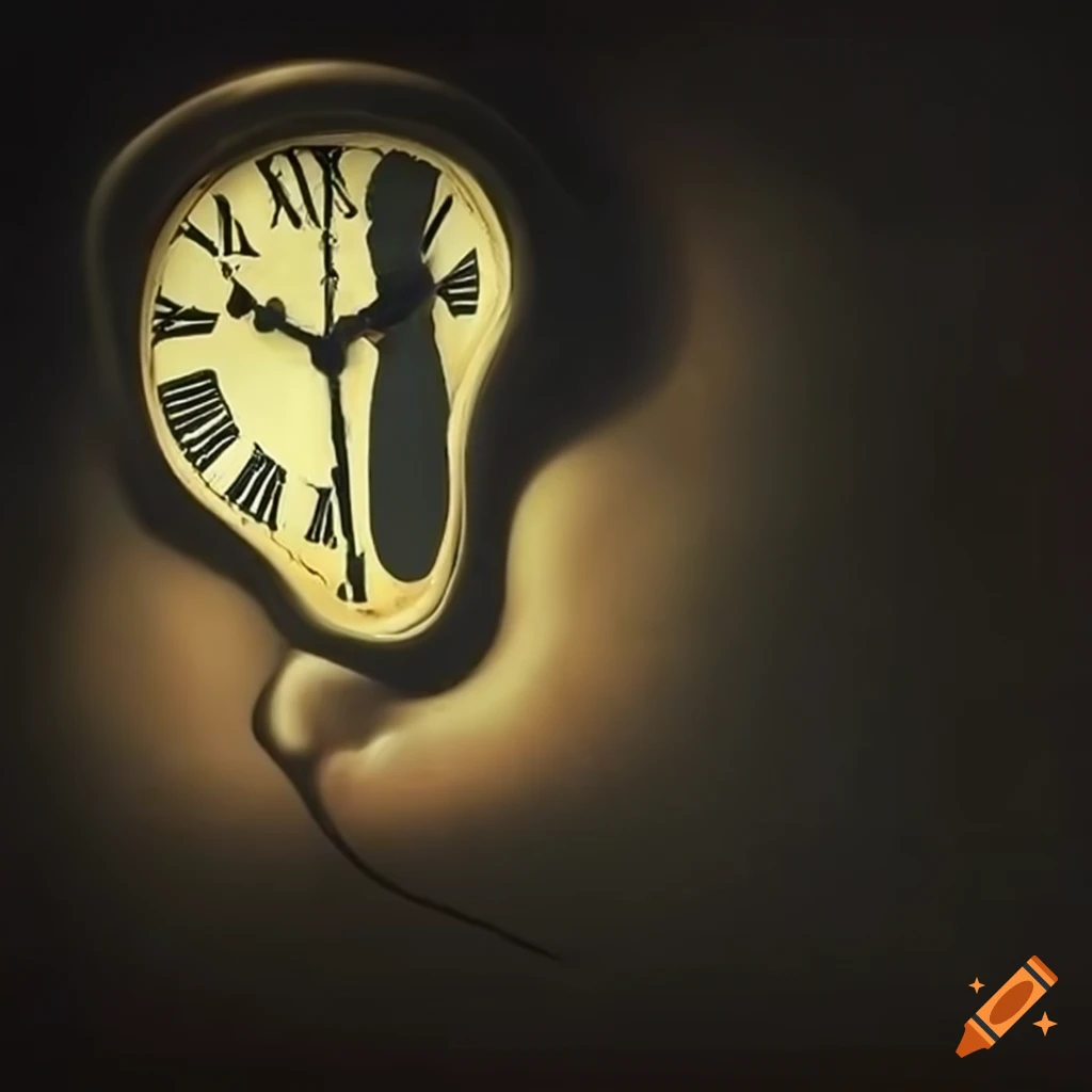 Surrealist painting of a melting clock in a mysterious environment ...