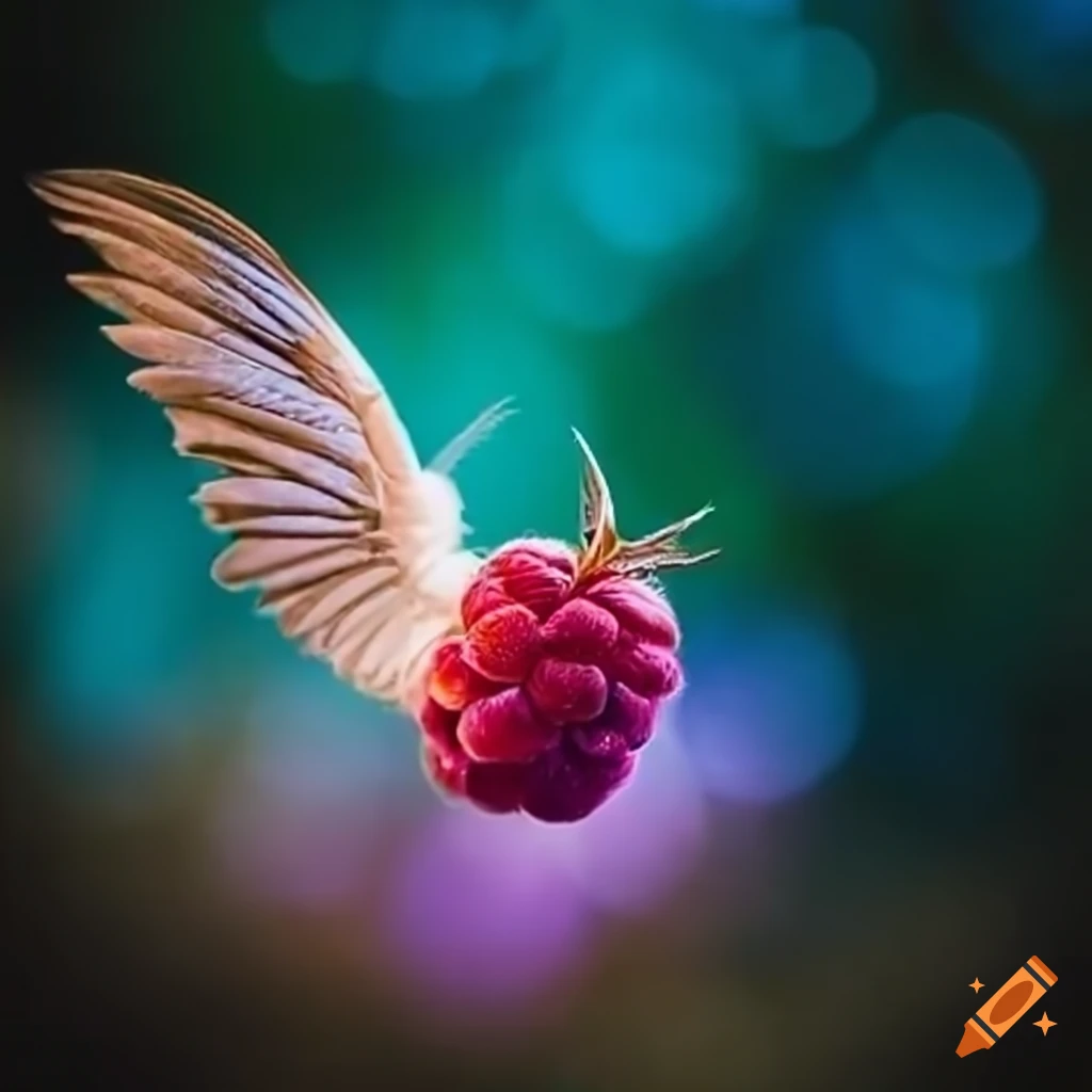 Playful mythical raspberry with horn and wings flying in enchanted ...