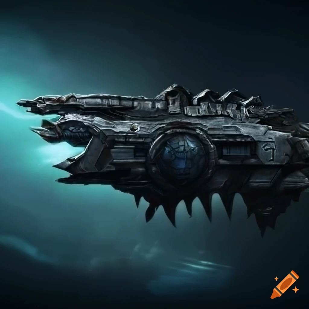 Spaceship inspired by fantasy Orcs with rugged and brutal craftsmanship ...