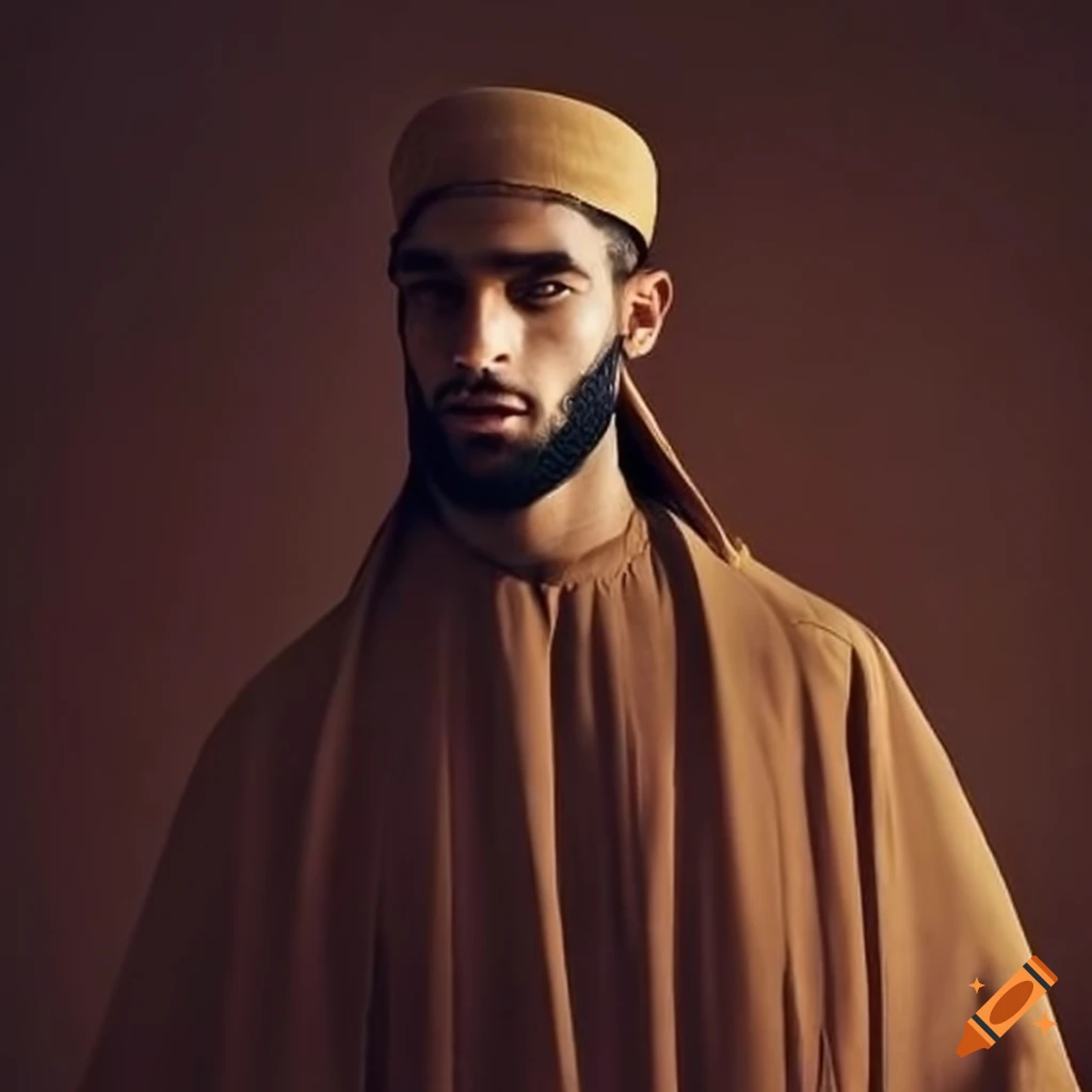 Devoted man in traditional Islamic attire inside a serene mosque on Craiyon