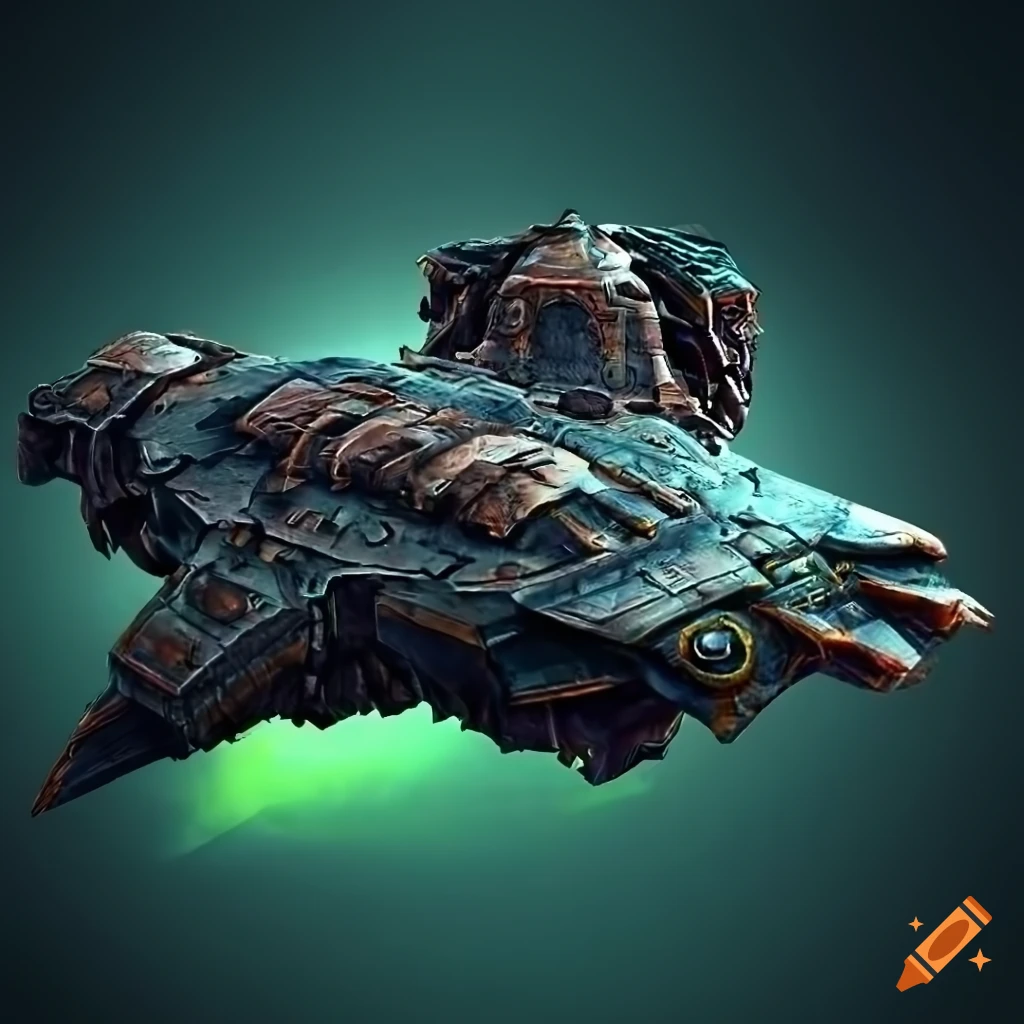 Fantasy Orc-inspired spaceship with rugged and aggressive design on Craiyon