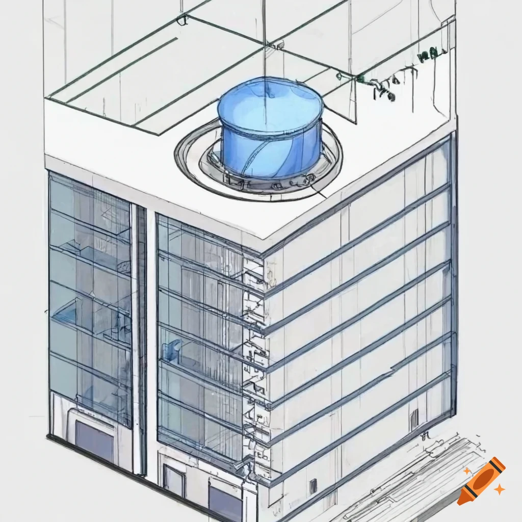 Isometric drawing of a glass water tank on top of a modern commercial ...