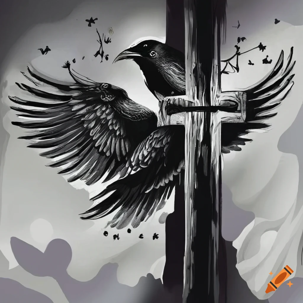 Black raven with cross and angel in black and white illustration on Craiyon
