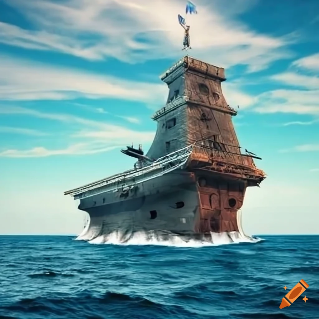 Medieval aircraft carrier at sea with a stone tower and American flag ...