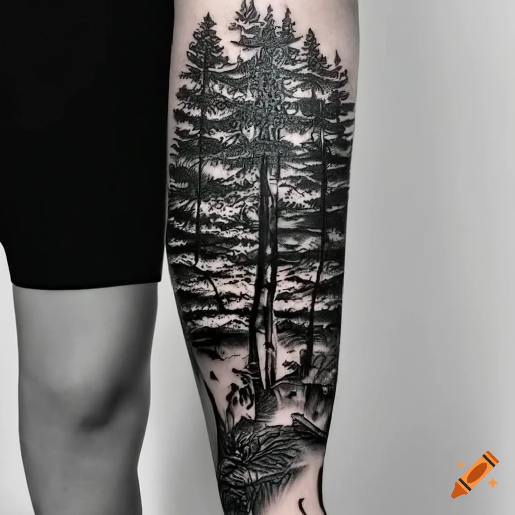 Black-and-white forest tattoo design covering leg on Craiyon