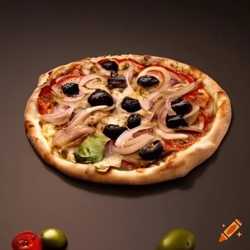 Stone baked pizza topped with smoked turkey, black olives, and onion on ...