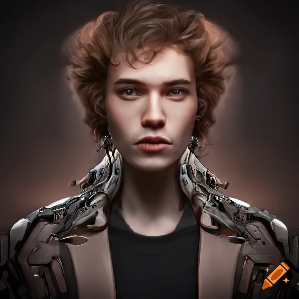Portrait of a handsome cyborg with brown hair in high definition on Craiyon