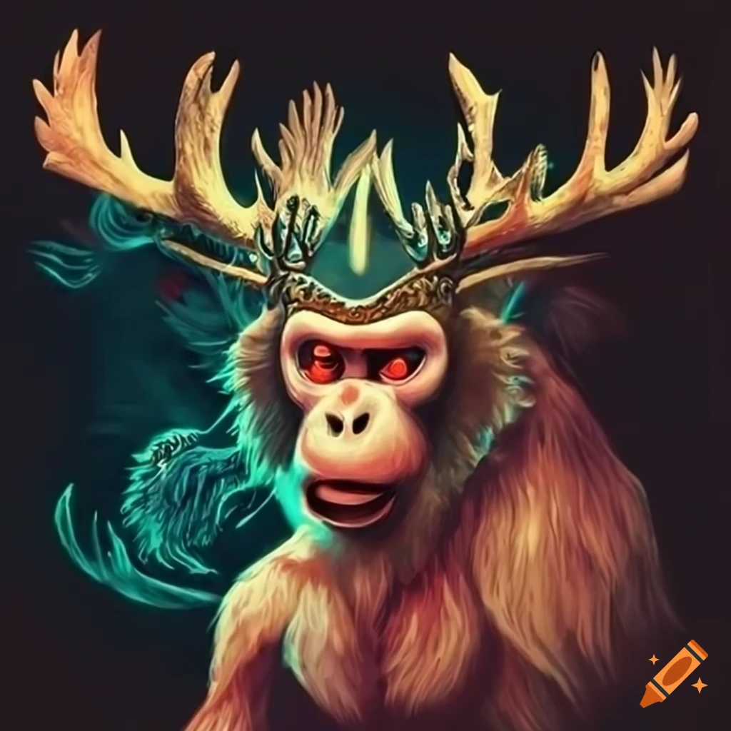 Mythical monkey king with majestic moose antlers in artwork on Craiyon