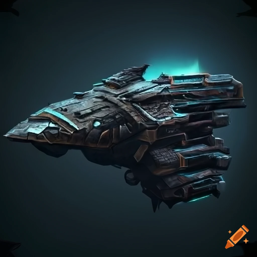 Spaceship inspired by fantasy Orcs with rugged and brutal craftsmanship ...
