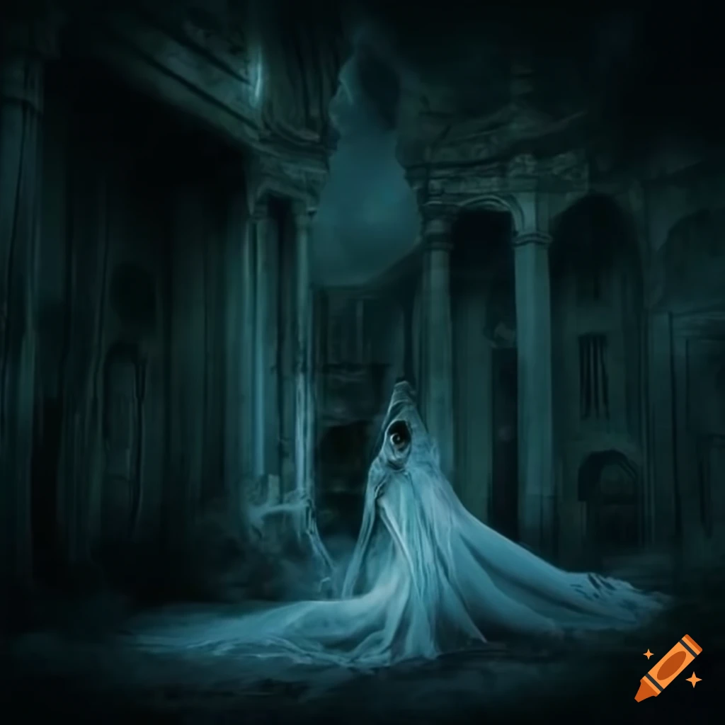 Eerie traditional ghost haunting an abandoned mansion on a stormy night ...