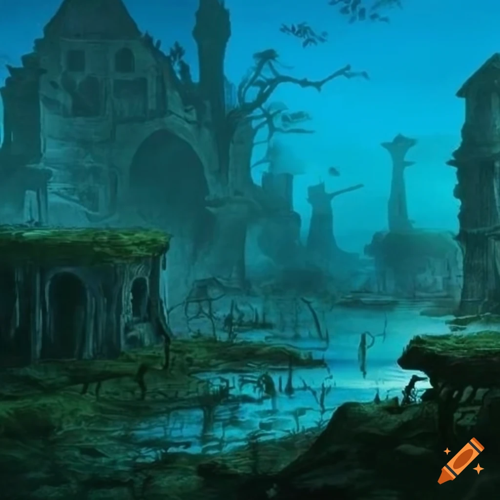 Dismal swamp with medieval stone buildings in a theodor kittelsen and ...