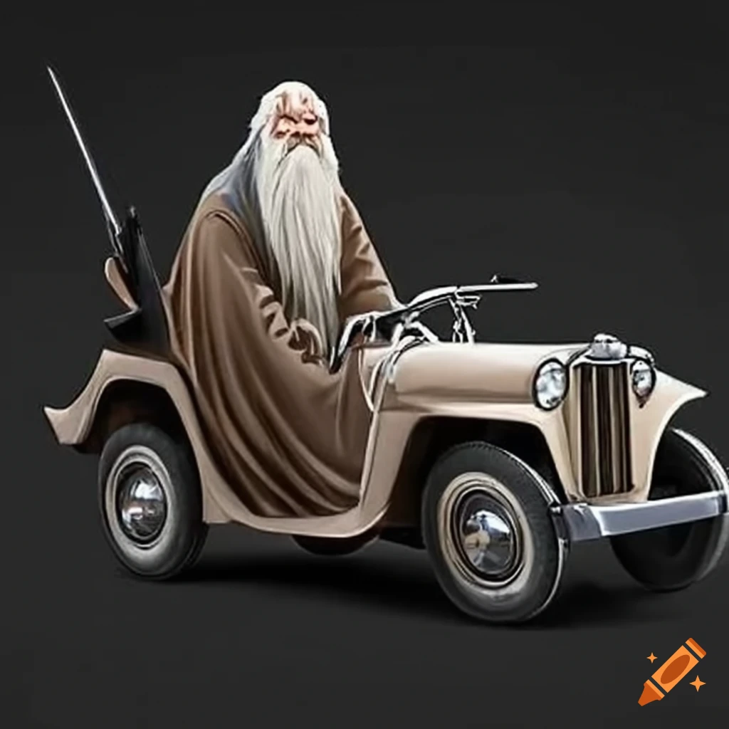 Gandalf riding an elegant vintage vehicle in a fantasy world on Craiyon
