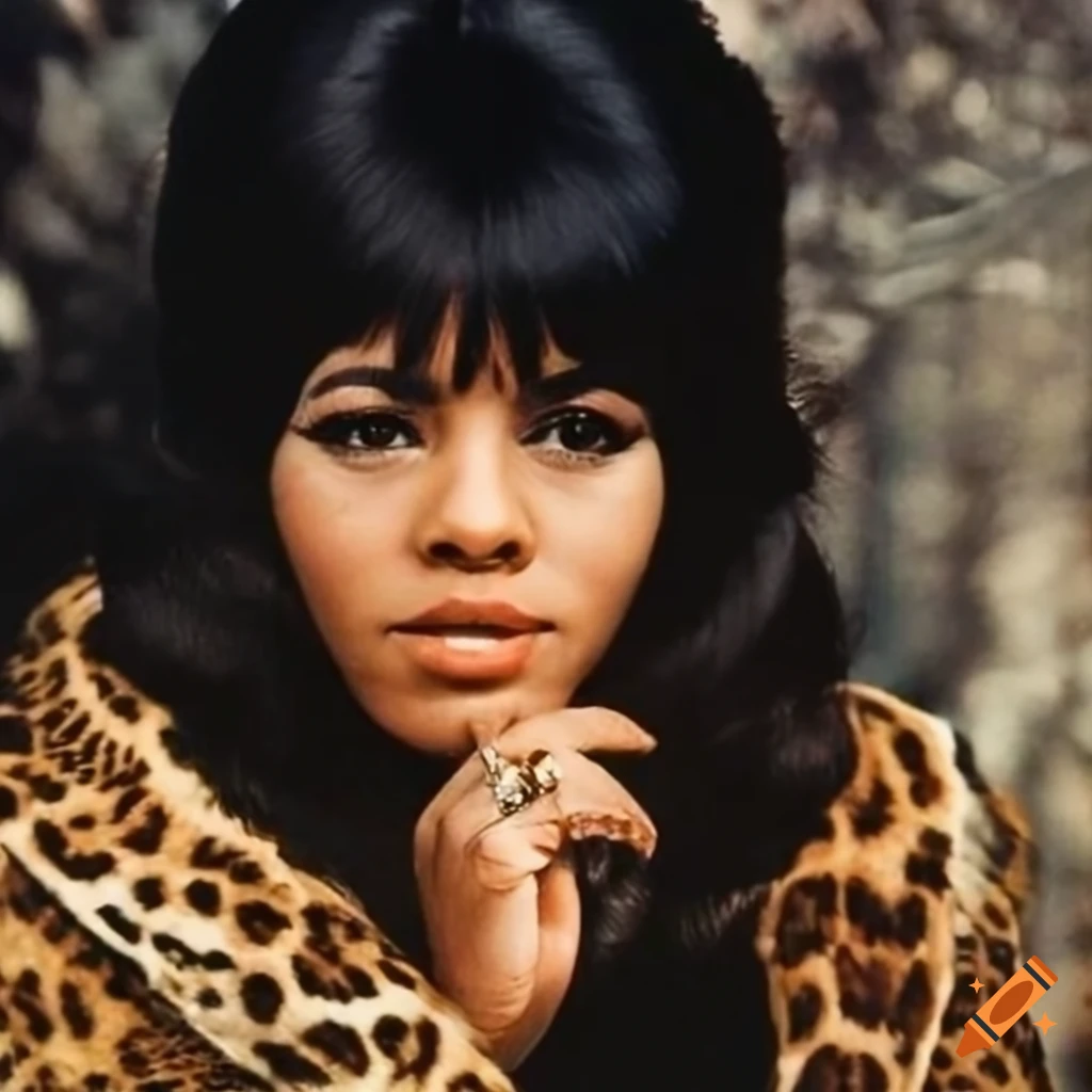 Estelle Bennett of the Ronettes in a leopard coat on Craiyon