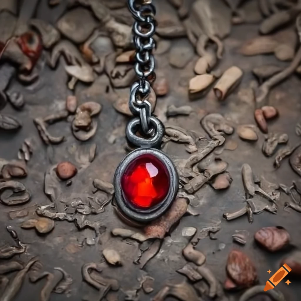 Dark metallic amulet with blood-red gem next to a fallen explorer on ...