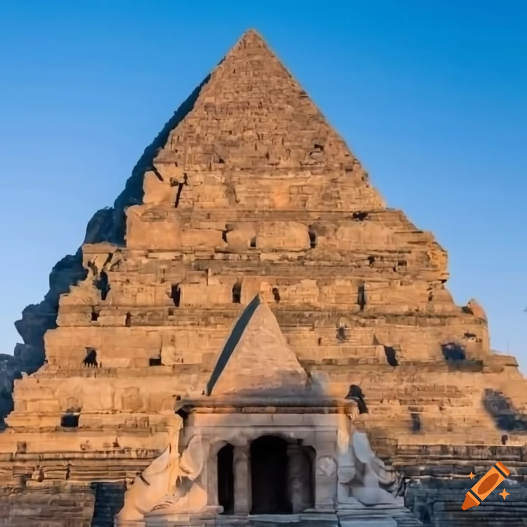 Ancient holy pyramid on mountain during bright sunset with statues at ...