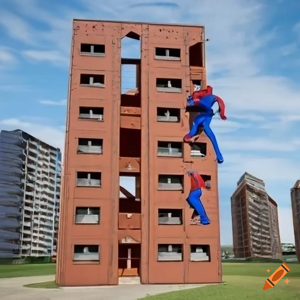 Spider-Man themed climbing frame with surrounding brown blocks of flats ...