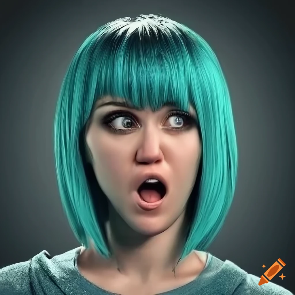 Shocked And Amazed Woman With Open Mouth Expression Resembling Miley Cyrus With Teal Bob Hair On