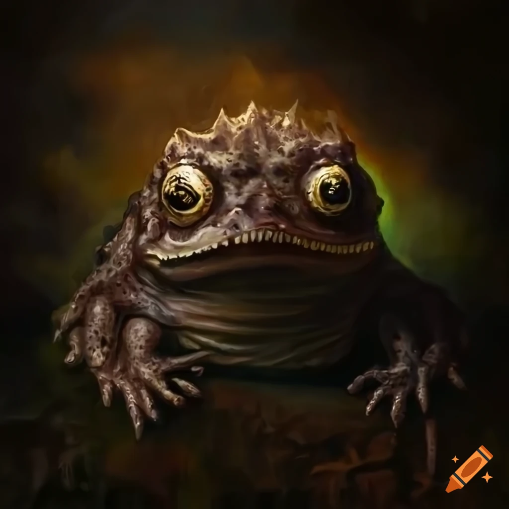 Dark fantasy painting of a toad with sharp teeth on Craiyon