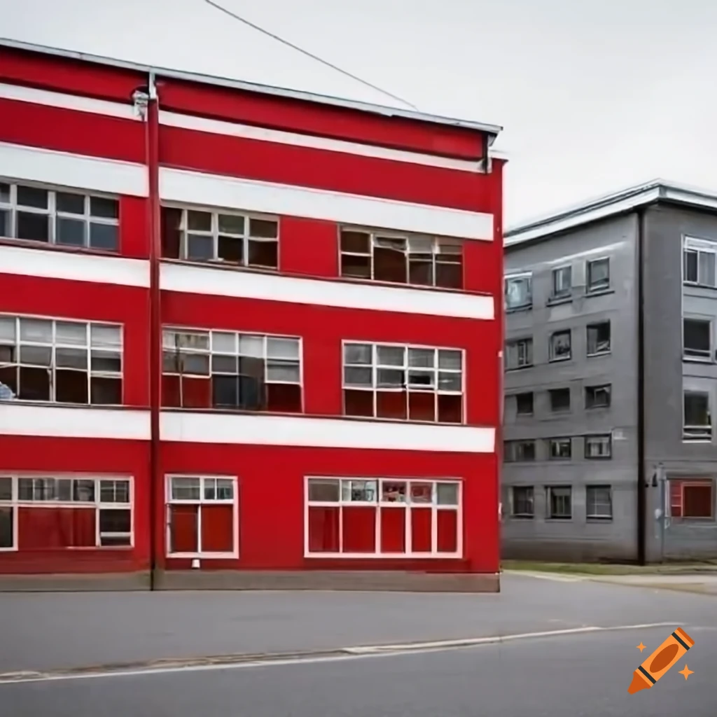 Grey and brown two-storey school buildings with a yard in the middle on ...