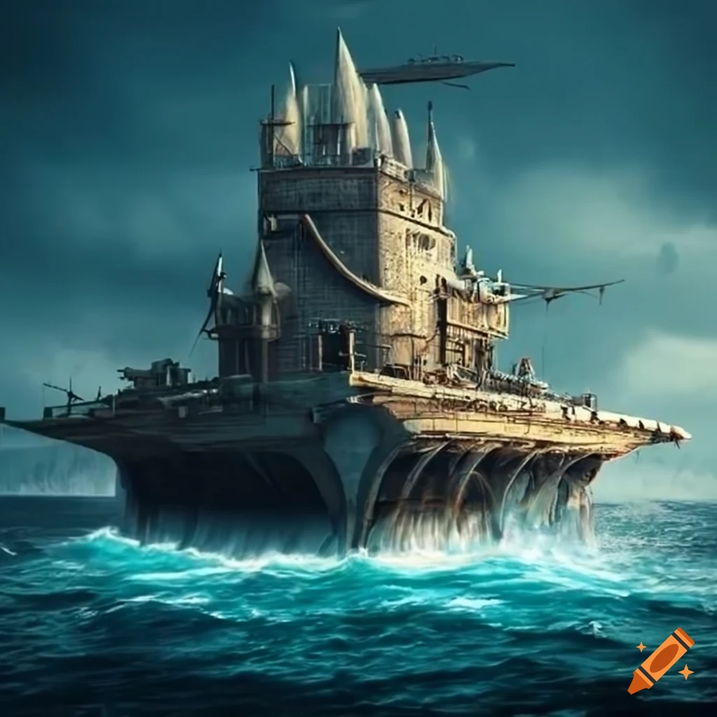 Medieval aircraft carrier with steampunk engines and stone tower on sea ...