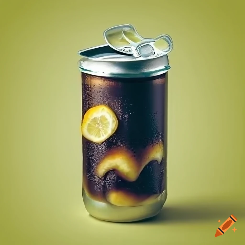 Refreshing cola in an open can with a lemon slice, low sugar on Craiyon