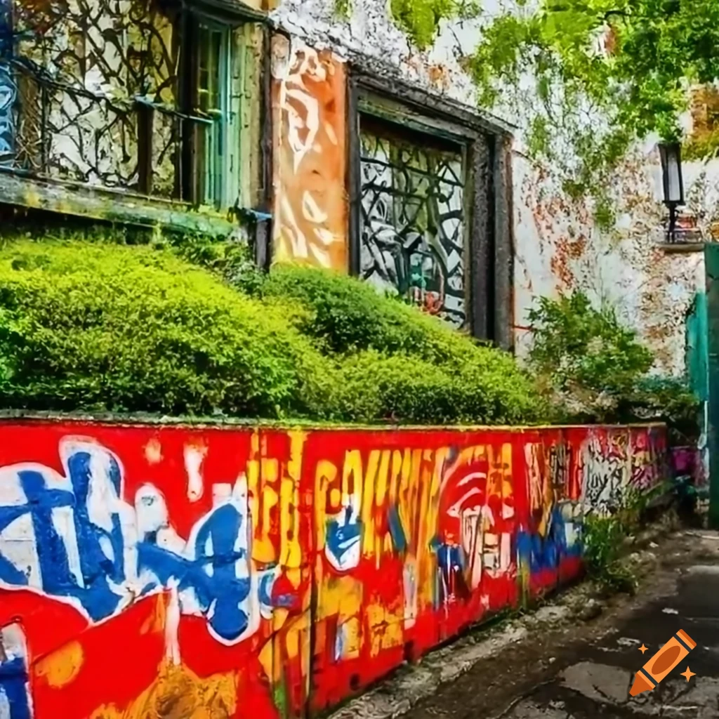 Zen garden amidst colorful houses in a graffiti-covered alleyway on Craiyon