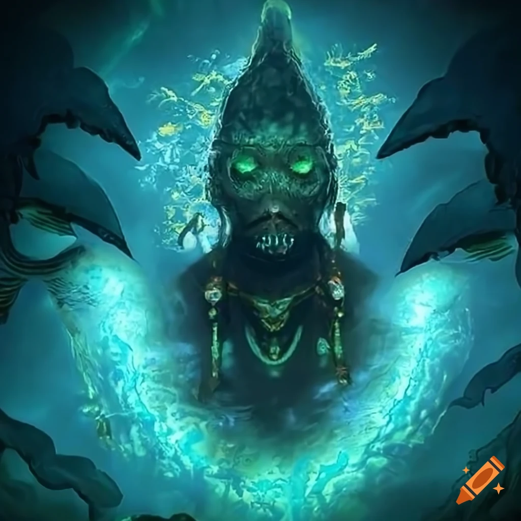 Diver djinn in the depths with formidable scaled body and glowing eyes ...