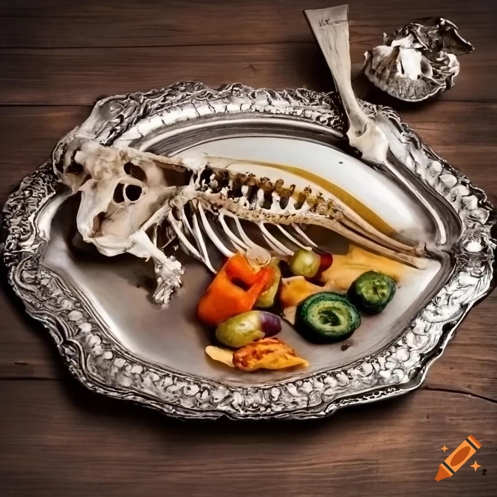 Whale skeleton served with cooked vegetables on a silver tray on Craiyon