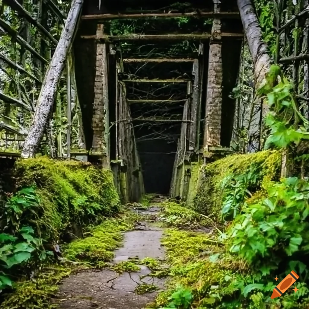 Moss-covered bridge with flowers, vines, and abandoned vehicles in a ...