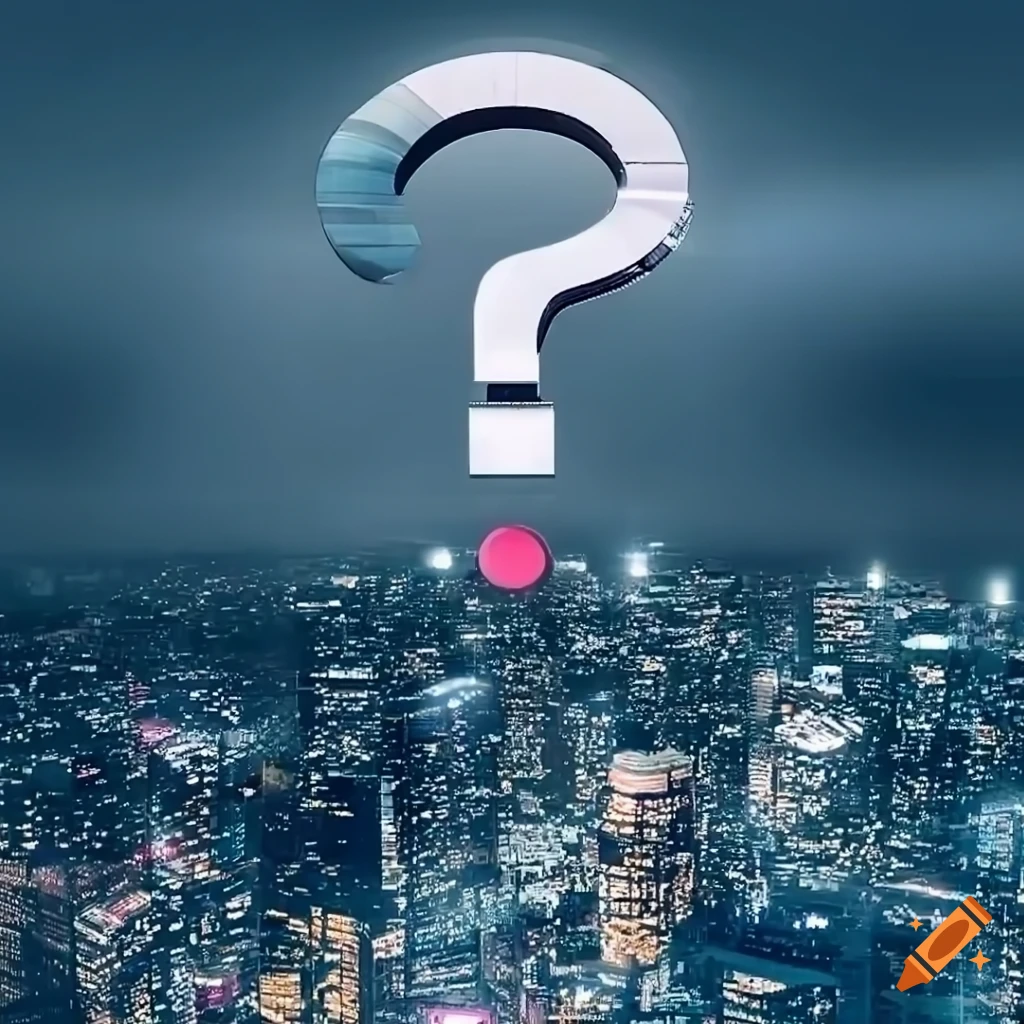 Futuristic neon question mark above a modern city skyline at night on ...