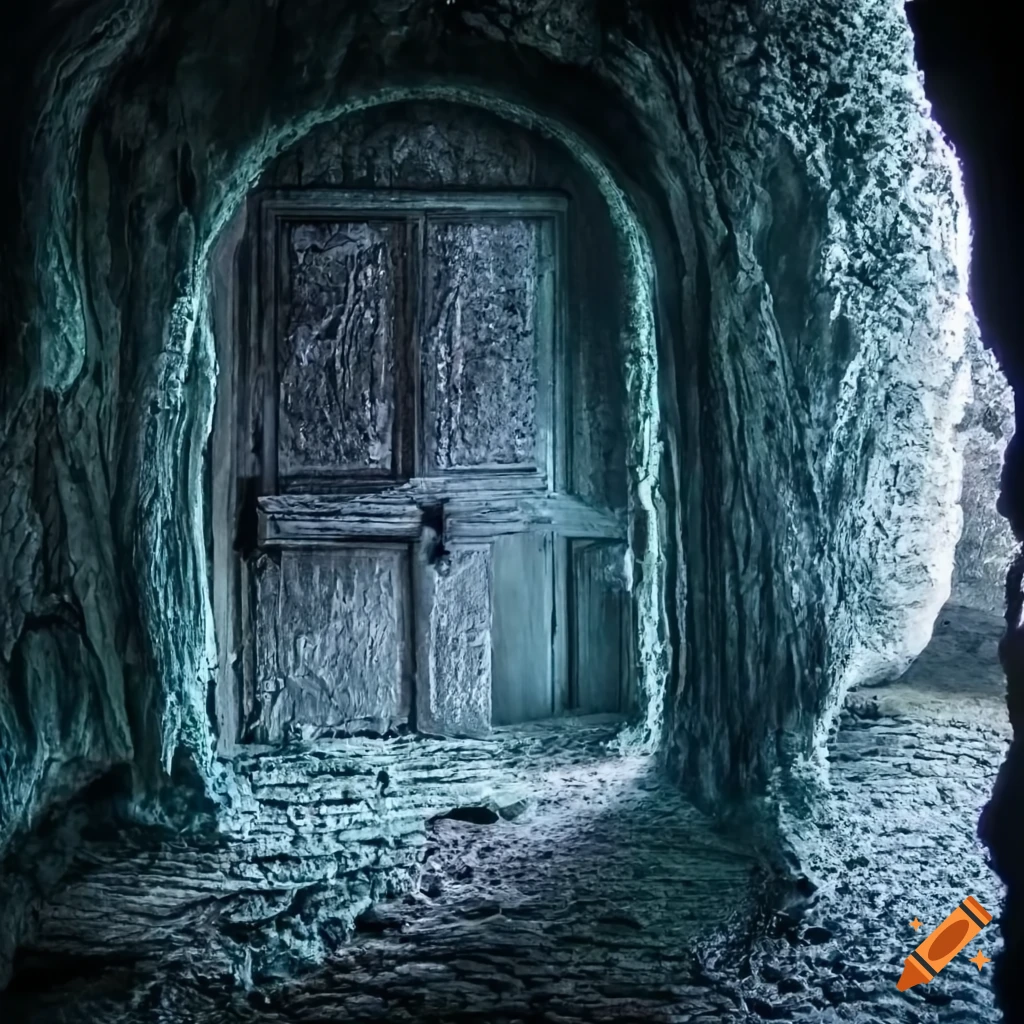 Close-up of a closed magical door in a frosty stone cave on Craiyon