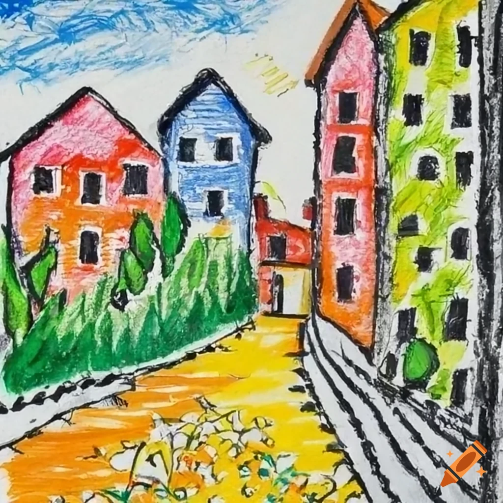 Alley with colorful houses, flowers, and vines in a crayon drawing ...