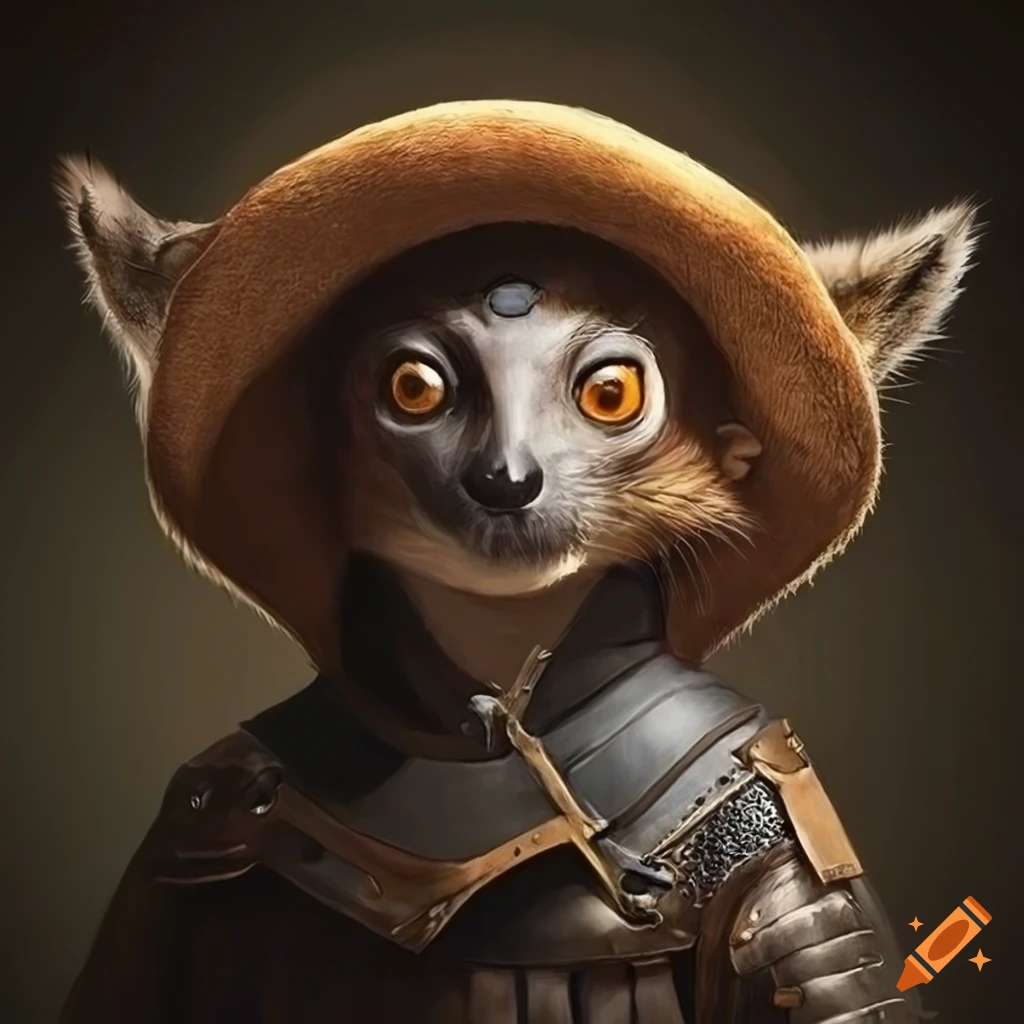 Anthropomorphic lemur rogue in leather armor and floppy hat, inspired ...