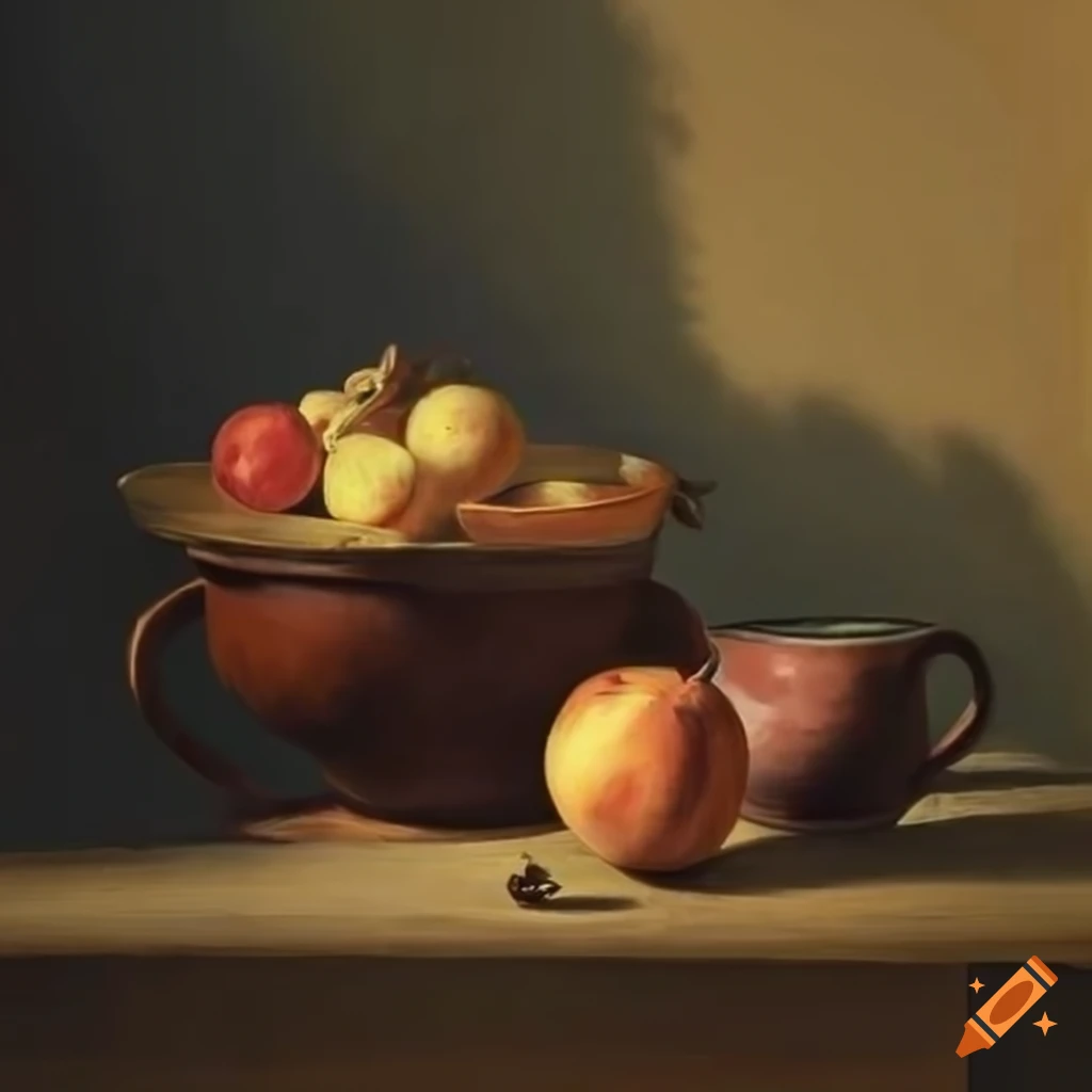Still life painting of fruit and pottery in rembrandt style with deep ...