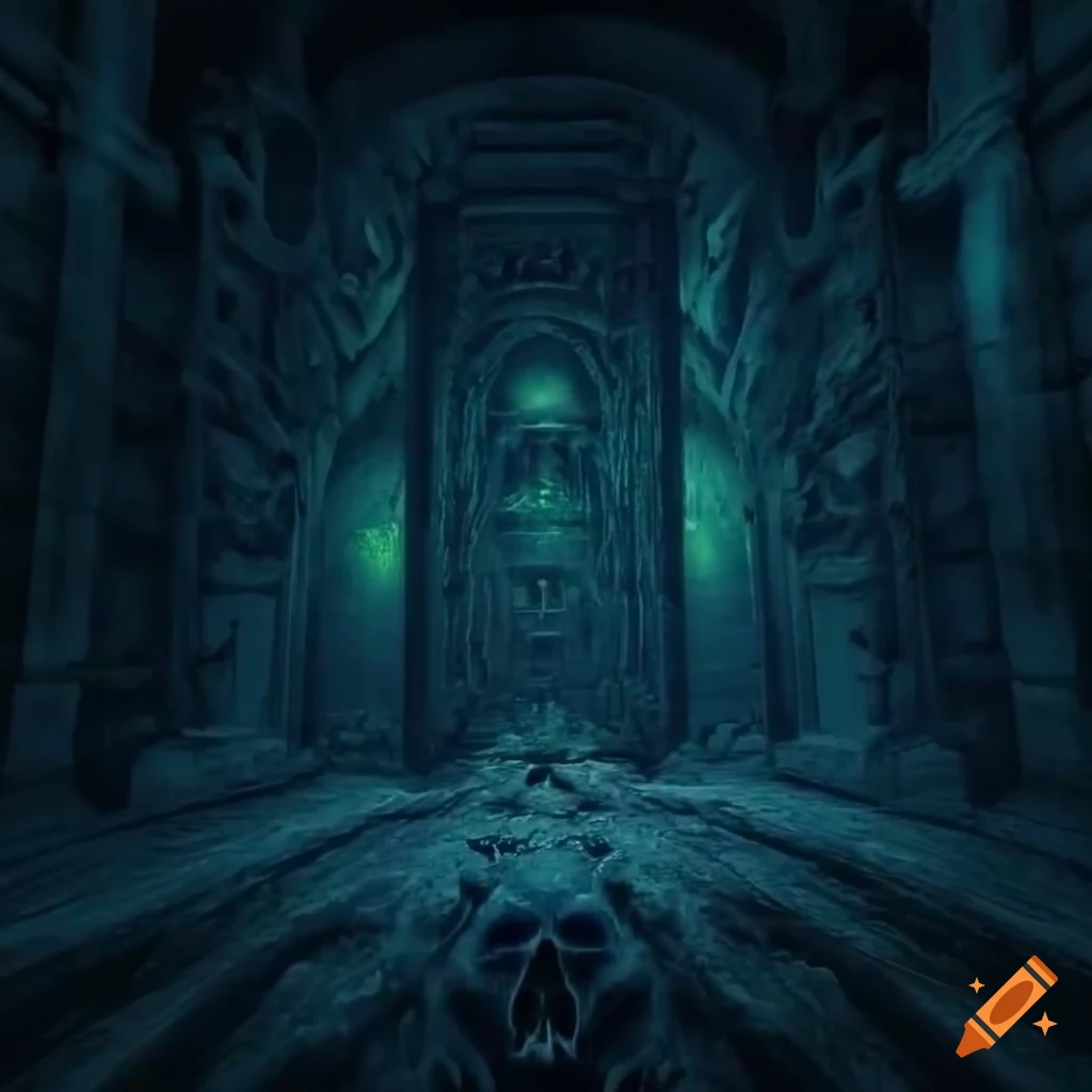 Dark surreal alien stone temple in space with evil presence and skulls ...