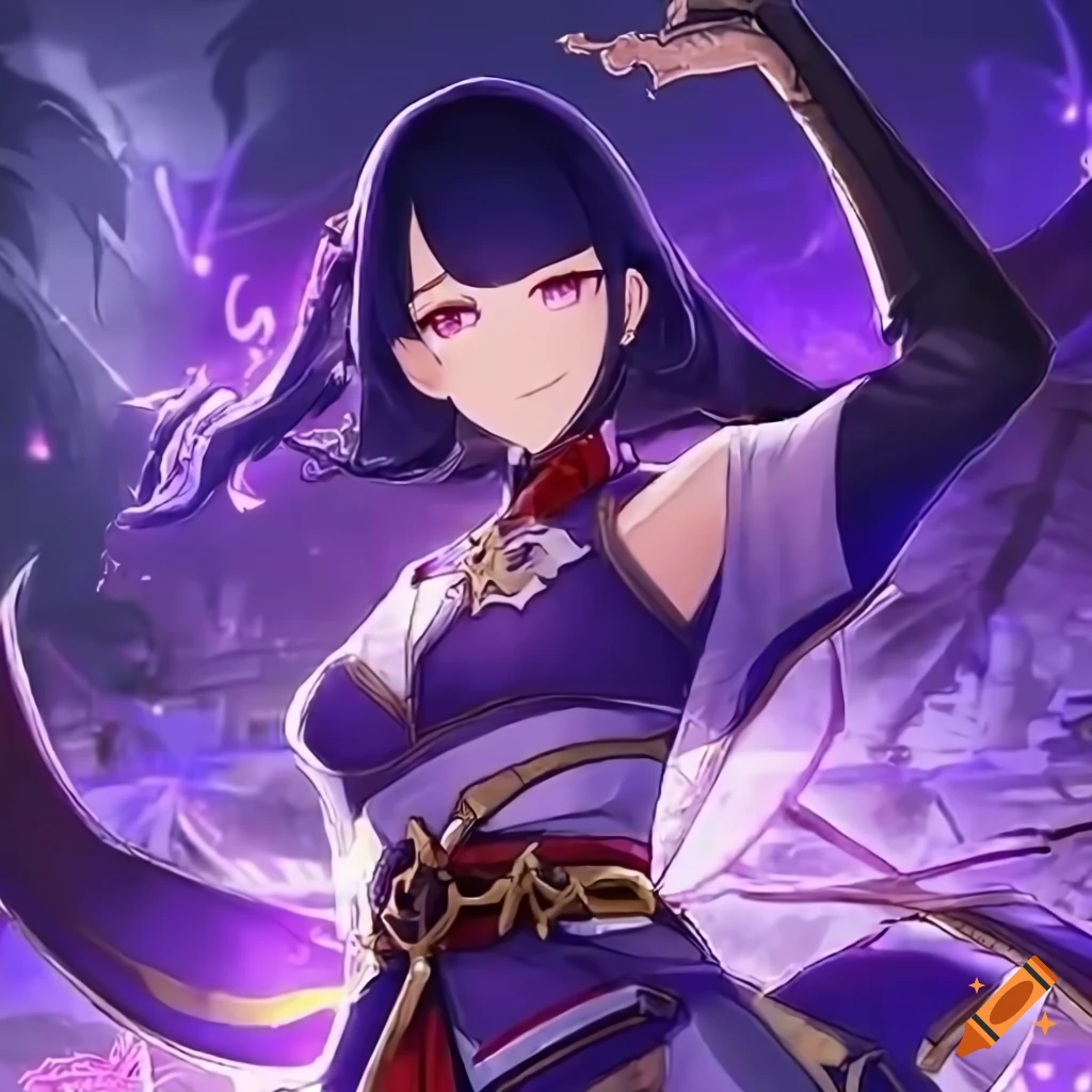 Raiden shogun character from genshin impact in majestic pose on Craiyon