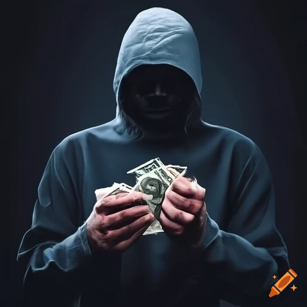 Mysterious man holding money with face obscured by bright light on Craiyon