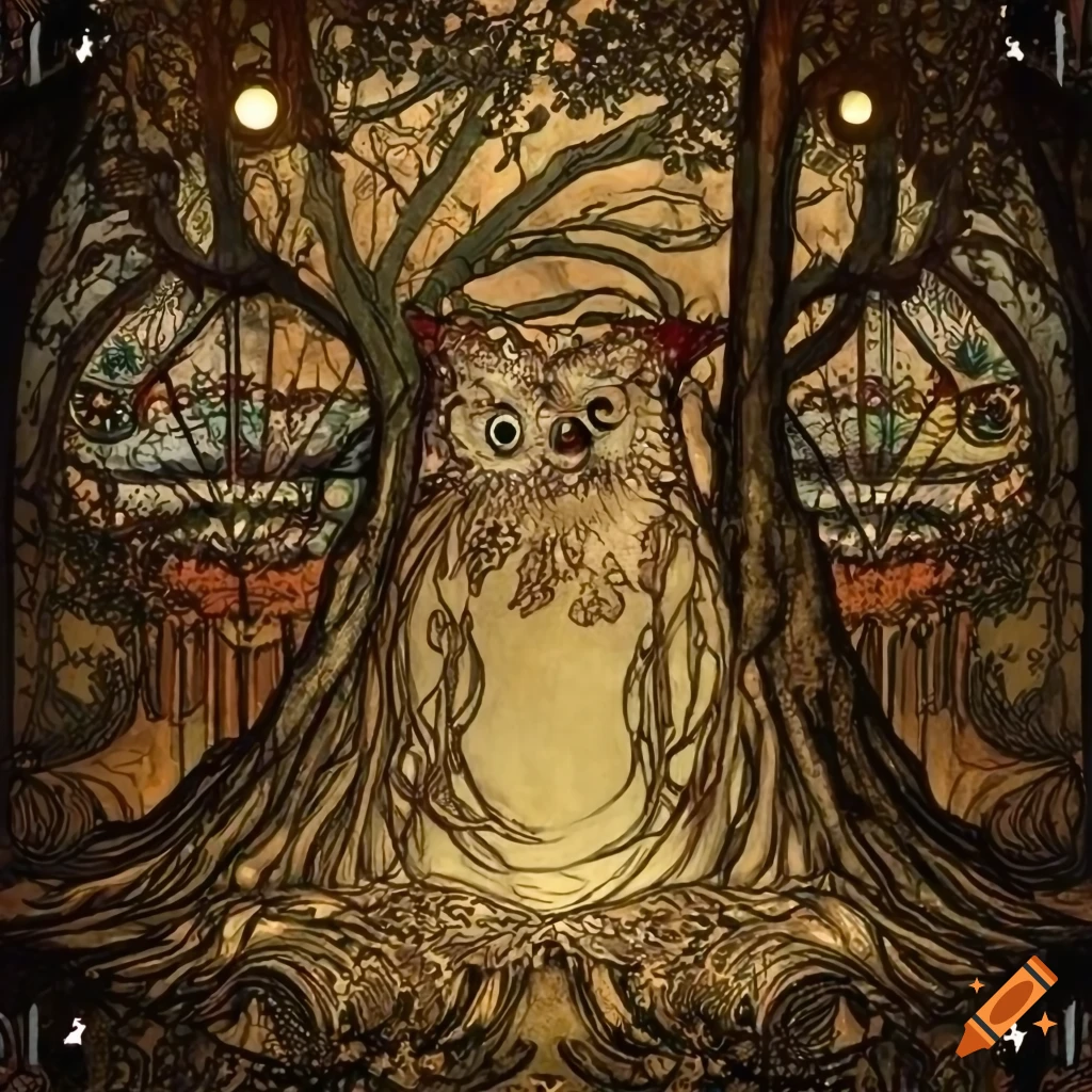 Illustration of abandoned towers with owls, birds, and glowing orbs in ...