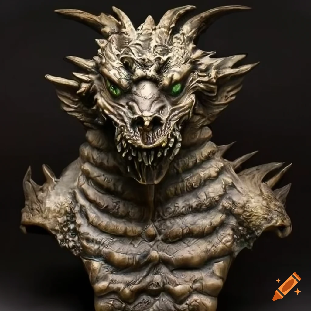 Bronze dragon humanoid bust with green eyes on Craiyon