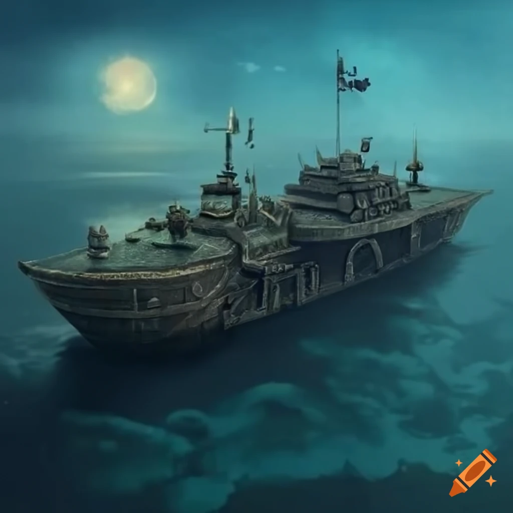 Giant dwarven medieval aircraft carrier with steampunk engines on the ...